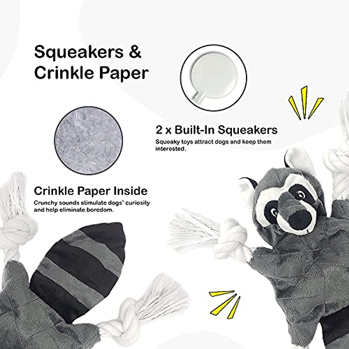 Maestro Pets No Stuffing Dog Toys, Crinkle Dog Toys, 3 in 1 Plush Dog Toys with Rope Legs, Squeakers and Crinkle Paper, Dog Rope Squeaky Toys for Puppies, Small, and Medium Dogs (Raccoon)