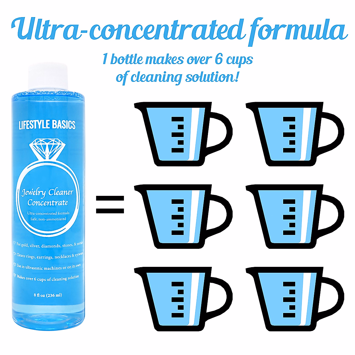 Lifestyle Basics Jewelry Cleaner Solution Liquid Concentrate 8 oz | Cleans Rings, Earrings, Necklaces, Eyewear | Safe for Diamonds, Gold, Silver, Gemstones, and Metals | 1 Bottle Makes 8 Cups