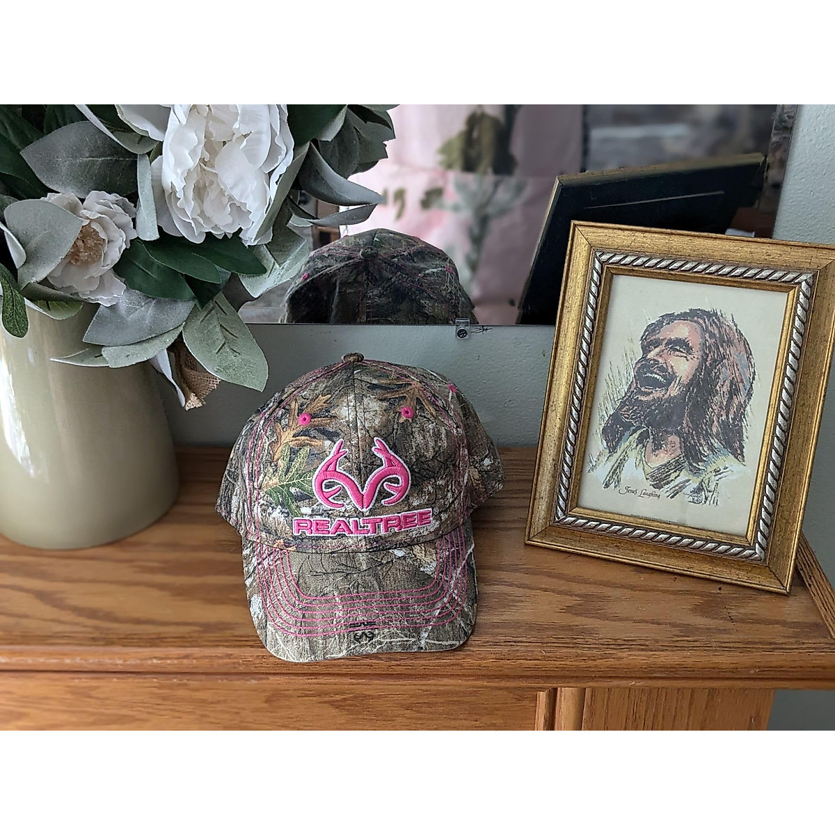 Realtree 3D Pink Antler Logo Hunting Camo Cap Hat Visor, RT Edge, Ladies Fit, Low-Mid Profile Structured, Wicking Sweatband, Vel-cro Back