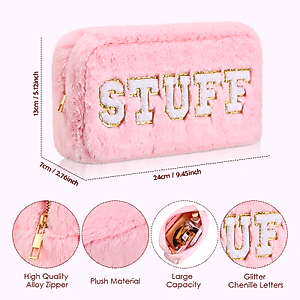 Chunful 2 Pcs Chenille Letter Makeup Bag Fluffy Cosmetics Bag with Zipper Large Preppy Patch Make up Bags Skin Stuff Bag Faux Fur Cosmetic Toiletry Bag for Women Gift(Pink, White)