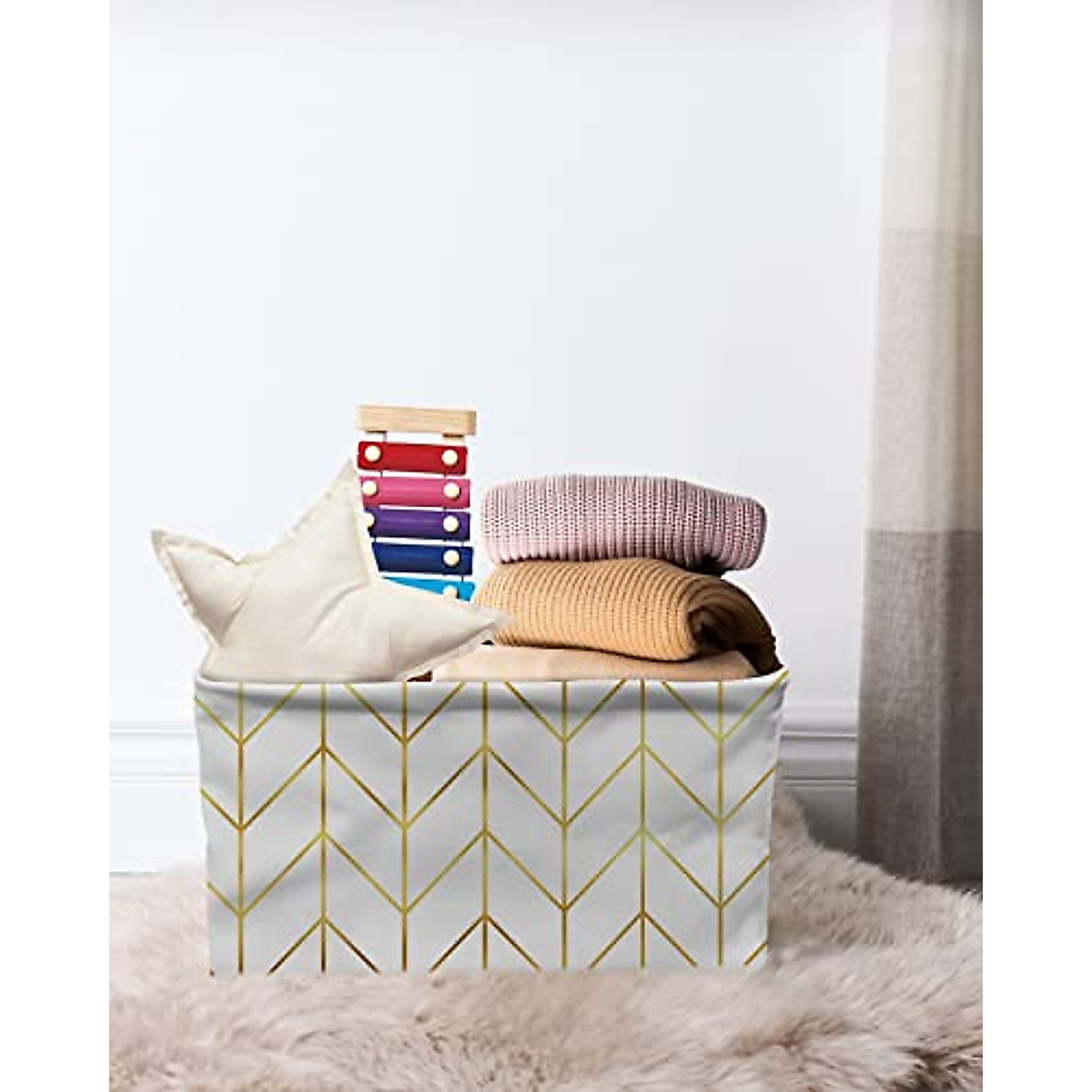 Storage Baskets for Organizing, Toy Box Chest Modern Herringbone Geometric White and Gold Foldable Cube Storage Bin with 2 Leather Handles Set of 1