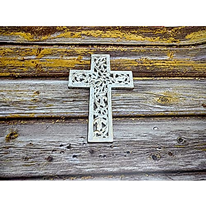 EARTHLY HOME Handmade White MDF Wooden Crucifix Wall Cross, Antique Holy Catholic Crosses, Jesus Christ Floral Carving Plaque, Hanging Catholic Crucifix Home Chapel Décor, Living Room 12x8 Inch