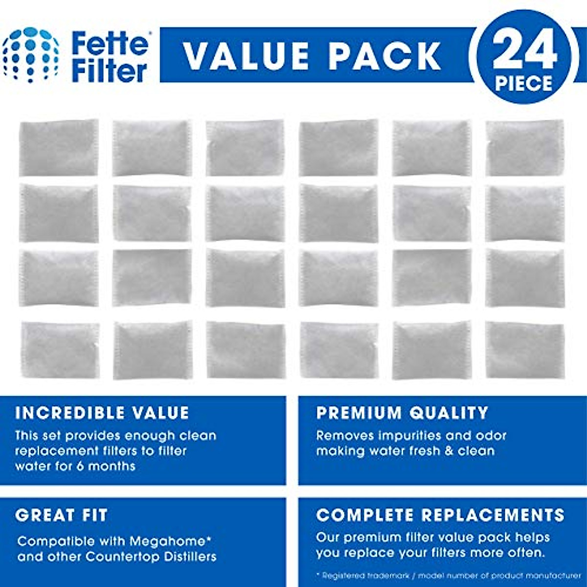 Fette Filter - Countertop Distillers Water Filters Compatible with Megahome and Other Counter Top Water Distiller Models - Pack of 24