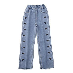 NABER Kids Girls Casual Wide Leg Denim Pants Heart Pattern Elastic Waist Jeans Size 4-14 Years (Blue2, 13-14 Years)