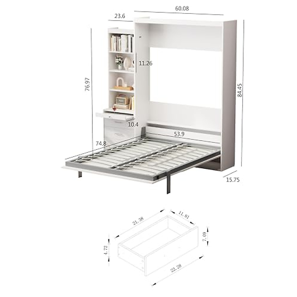 WOXYX Full Size Murphy Bed with Shelf and Drawers, Mordern Design Multifunctional Foldable Platform Bedframe Gas Struts,White