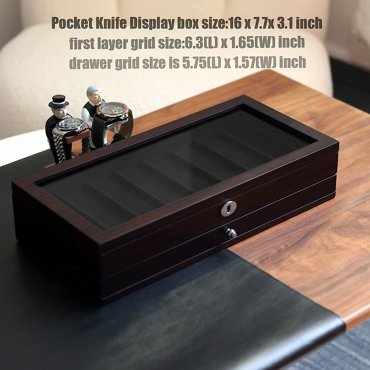 Besforu Pocket Knife Display Case for men collection holder 15-17 folding knife with Walnut Finish Two-Tier Knife organizer storage box with Real Glass Window Top (ebony veneer with draw)