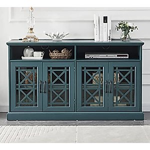 WTRAVEL Buffet Sideboard Kitchen Buffet Storage Cabinet, 4 Doors Storage Cabinet with Adjustable Shelves, Wood Console Table for Kitchen, Dining, Living Room, Dark Teal