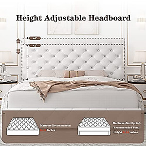 Queen Bed Frame with Storage and Adjustable Headboard, Bed Frame with 4 Drawers and Wooden Slats Support, No Box Spring Needed (PU White, Queen (U.S. Standard))
