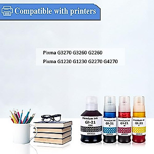 Compatible Refill Ink Bottles Replacement for Canon GI-21 GI21 GI-21PGBK GI-21BK GI-21C GI-21M GI-21Y Work for Canon G3260 G2260 G1220 Printers (4 Packs Black Cyan Magenta Yellow)