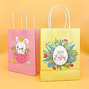 20 Pieces Happy Easter Day Treat Bags with Handles Large Goodie Gift Bags Recycled Cardboard Bags for Kids School Classroom Party Favor Supplies Decor Bunny and Eggs Easter Basket Containers