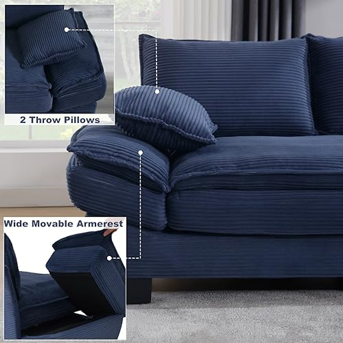 Modern Loveseat Couch Sofa,89'' Corduroy Upholstered 2-Seat Sofa, Sectional Love Seat Furniture with 2 Pillows with Movable Armrest, Deep Couches for Living Room,Navy Blue