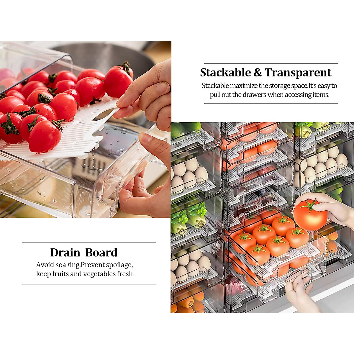 YouLike 2pack Stackable Fridge Drawers Pull Out Bins for Refrigerator Organizer Clear Food Storage Container Set With Drain for Pantry Kitchen Cabinet Office Organization