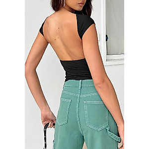 EFAN Women's Backless Tops Seamless Tee Summer 2024 Trendy Going Out Short Sleeve Crop Tops Open Back Y2k Shirts Cute Spring Tops Casual Fashion Clothing Teen Girls Black