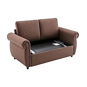 YUNLife&Home Modern Upholstered Futon Loveseat Sofa Convertible to Sleeper Sofá Bed,Love Chaise Lounge Couch Chair 2-Seat for Living Room Apartment Small Space, Brown Linen 57.5" w