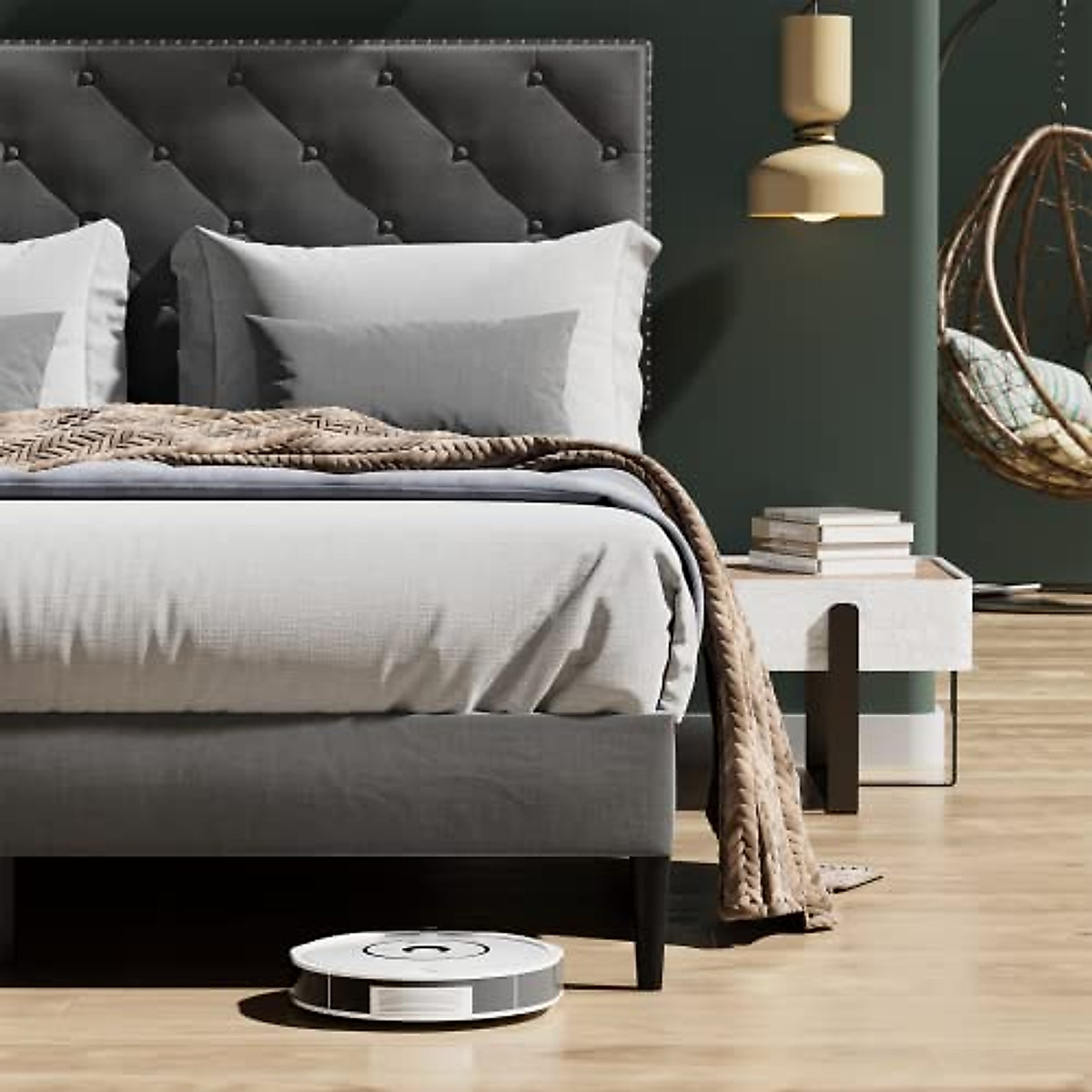 JUMMICO Queen Size Bed Frame with Fabric Headboard and Wooden Slats Support, Mattress Foundation, No Box Spring Needed, Easy Assembly