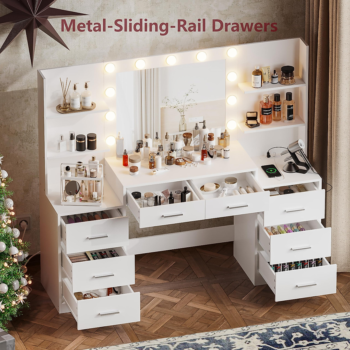 Irontar Makeup Vanity Table with Mirror & Lights, Vanity Desk with Power Strip, Large Drawer & Six Open Storage Dresser, 3 Lighting Modes Adjustable Brightness, Dressing Table, White WDT006W
