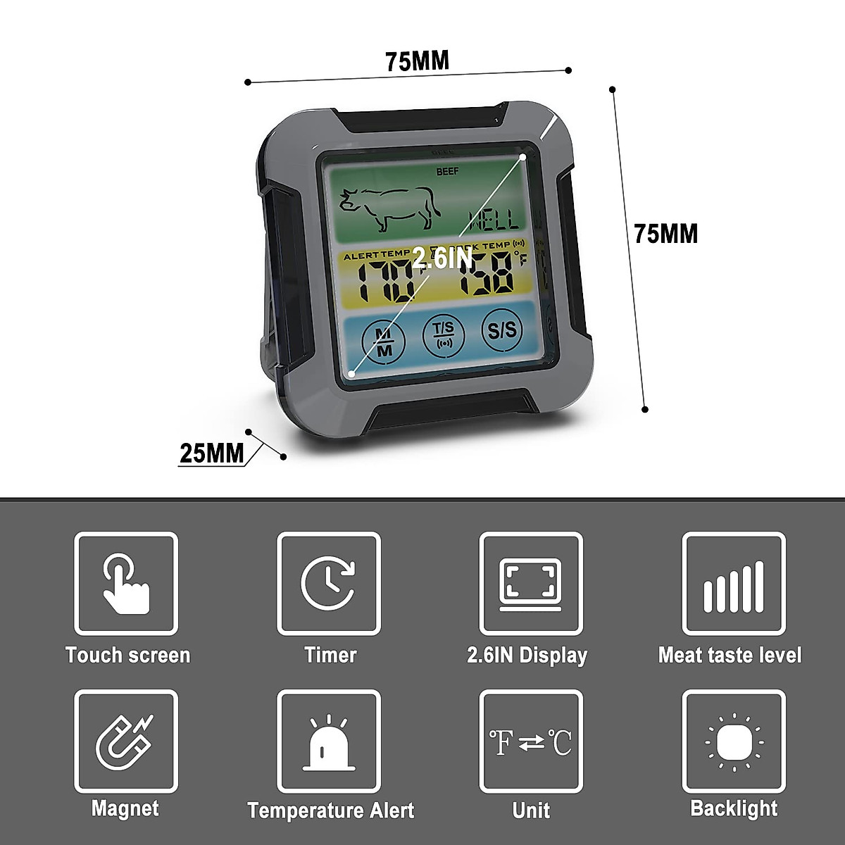 Digital Meat Thermometer for Cooking and Grilling, 2022 Upgraded Touchscreen BBQ Food Thermometer with Backlight and Kitchen Timer, Grill Temperature Probe Thermometer for Smoker, Barbecue, Oven