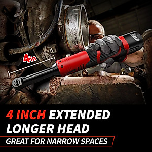 Dragro 3/8" 18V Extended Cordless Ratchet Wrench, 40 Ft-Lbs 450RPM 4 Inch Electric Power Ratchet Wrenches with 2Pcs 2000 mAh Batteries, Battery Powered Ratchet Driver with 7 Sockets, Variable Speed