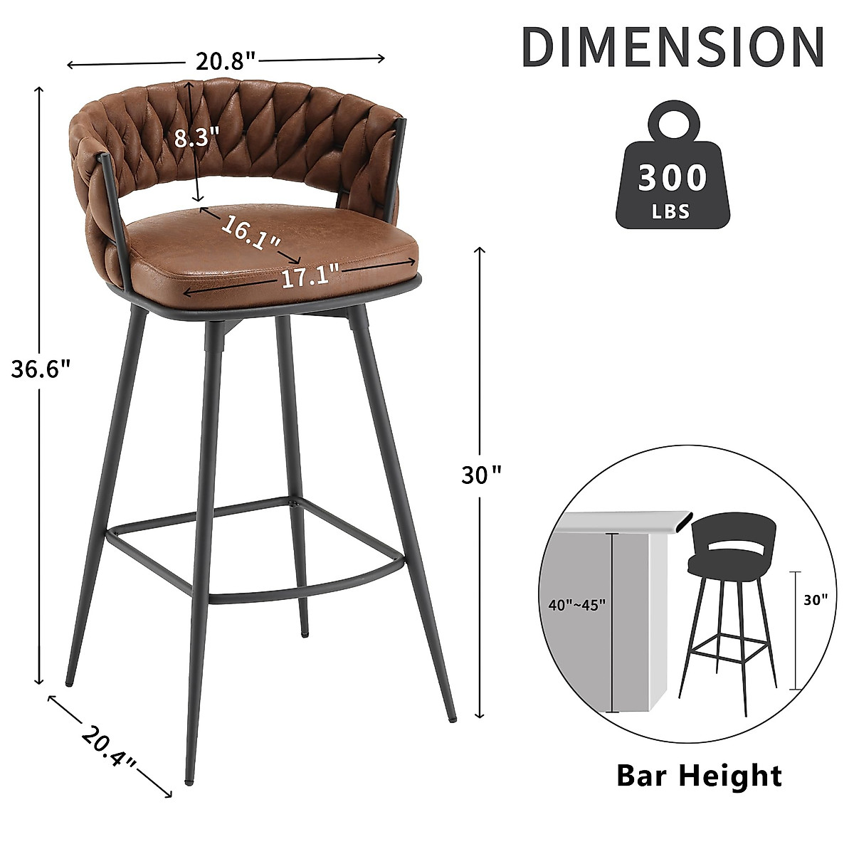 BFZ Modern Bar Stools Set of 2, 30" Bar Height Barstools, 180° Swivel Suede Fabric Stool Chairs with Woven Back and Footrest for Kitchen Island, Cafe, Pub, Bar Counter