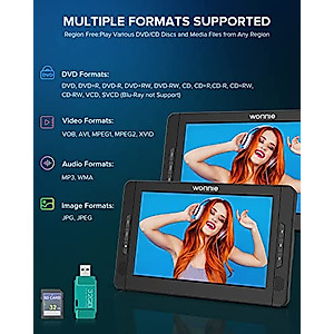 WONNIE 10.5" Dual Portable DVD Player for Car, Headrest Kids CD Players with Two Headphones Built-in 5 Hours Rechargeable Battery, Support USB/SD/MMC,AV Out & in,Regions Free (1 Player+1 Monitor)