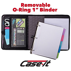 Case-it Padfolio with 1" Removable O-Ring Binder, with 5-Color Tabbed Expanding File Folder, Mesh Pockets, Pen Loops, Secure Elastic Strap Closure, Slim-700-FN, Black
