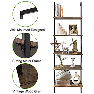 aboxoo Ladder Shelf Open Bookshelf 5-tier Wall-mounted Wood Bookcase Storage Rack Open back Industrial Modern Plant Flower Stand Utility Organizer Bookcase Metal Frame Furniture Office Kitchen Bedroom