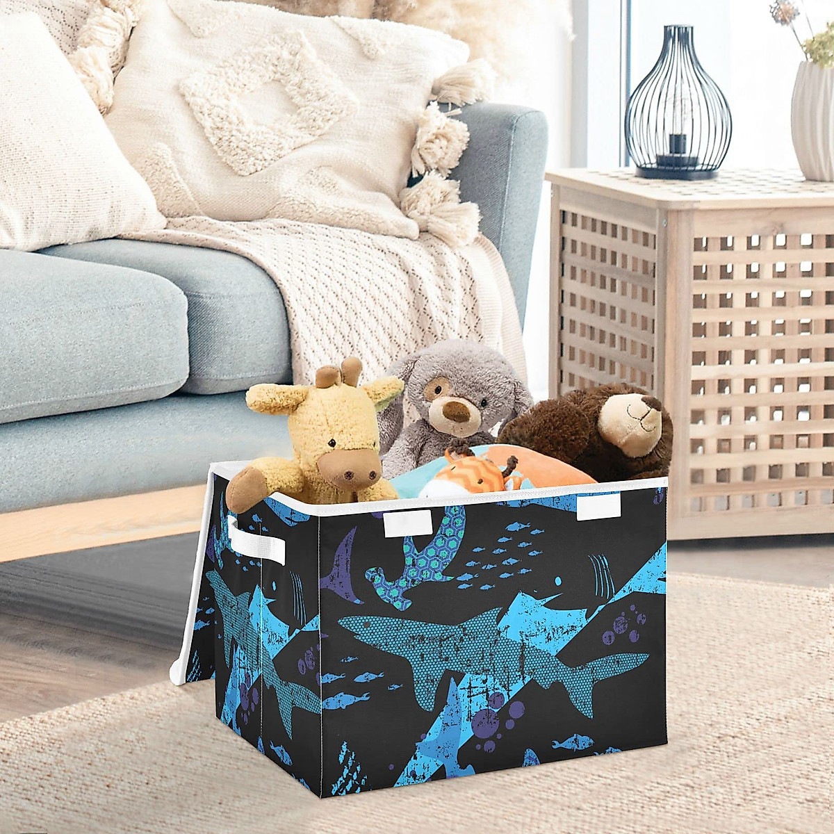 DOMIKING Sharks Large Storage Bin with Lid Collapsible Shelf Baskets Box with Handles Toys Organizer for Shelves Cabinet Nursery Drawer