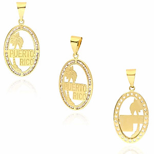 WJD Exclusives 10K Yellow Gold CZ Puerto Rico Palm Tree Oval Shape Disc Pendant, 30mm