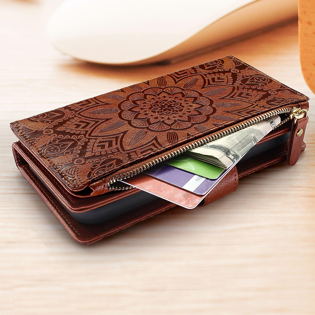 Harryshell Compatible with iPhone 15 Pro Max 6.7 inch 5G 2023 Wallet Case Detachable Removable Phone Cover Zipper Cash Pocket Multi Card Slots Wrist Strap Lanyard (Floral Brown)