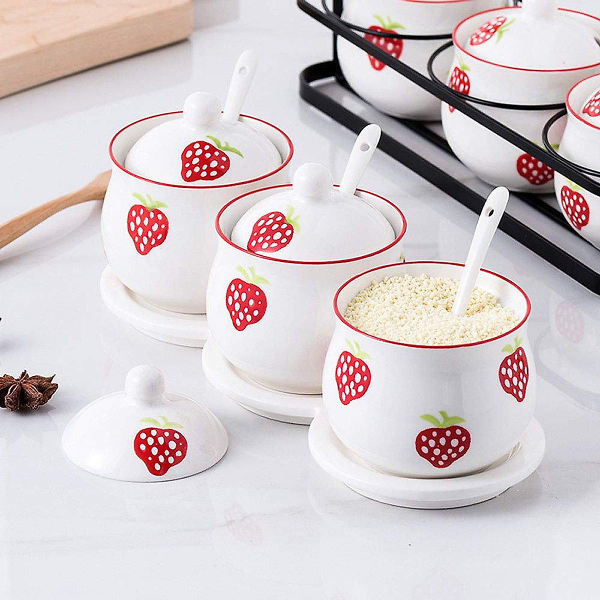 Mathew Hand-painted Strawberry Ceramic Seasoning Jar Condiment Pot Sugar Bowl with Lid and Spoon