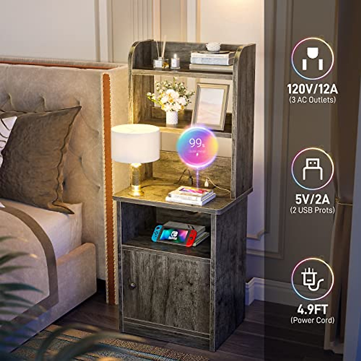 Nightstand with Charging Station and USB Ports, 47" Tall Bedside Table with Adjustable Bookshelf, Industrial End Table Side Table with Storage Cabinet for Home Office, Grey