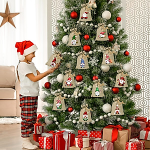 BORAMDO Christmas Burlap Gift Bags with Drawstrings 24Pcs, Watercolor 12 Designs Christmas Gnomes Linen Wrapping Bags, Small Christmas Treat Candy Bags for Holiday Party Favor Supplies…