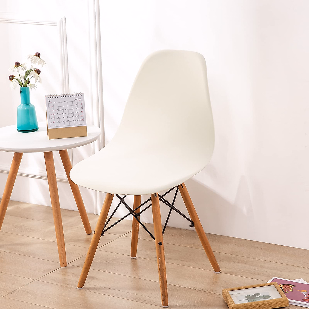 NILUOH Shell Chair Cover Mid Century Modern Dining Chair Covers Lounge Armless Chairs Covers for Kitchen,Dining Room,Set of 4,Creamy-White