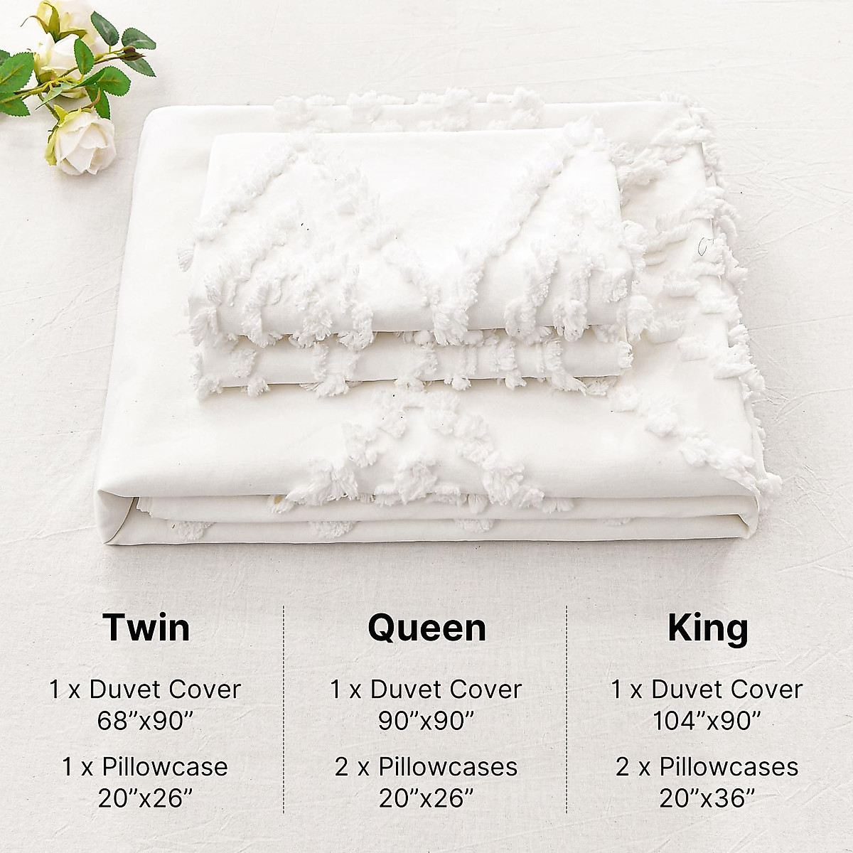 MEILA White Duvet Cover King Size, Soft and Lightweight Boho Duvet Covers Set Tufted for All Seasons, 3 Pieces Boho Embroidery Shabby Chic Bedding Set (White, King, 104’’ x 90’’)