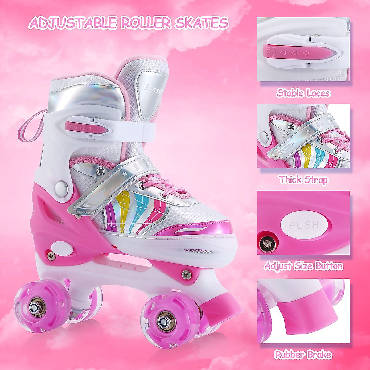 Kids Roller Skates Adjustable for Girls Boys Toddlers Youth, Pink 4 Size Adjustable Light Up Roller Skates for Size 11J todders to Size 7 Youth Women