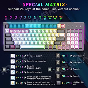 KOLMAX GK98 Wireless Gaming Keyboard,2.4G Rechargeable RGB Gaming Keyboard,RGB Backlit Ergonomic 98 Keys Mechanical Feeling Keyboard for Windows Mac PC Xbox PS4 Gamers(GreyWhite)