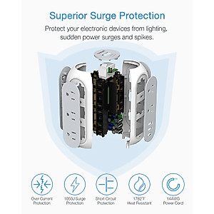 Surge Protector Power Strip with 3 USB, TESSAN Flat Plug Dorm Extension Cord with Multiple Outlets, Mountable 8 Widely Spaced Outlets, 1050J Protection, 6.5 Feet Desk Charging Station for Office