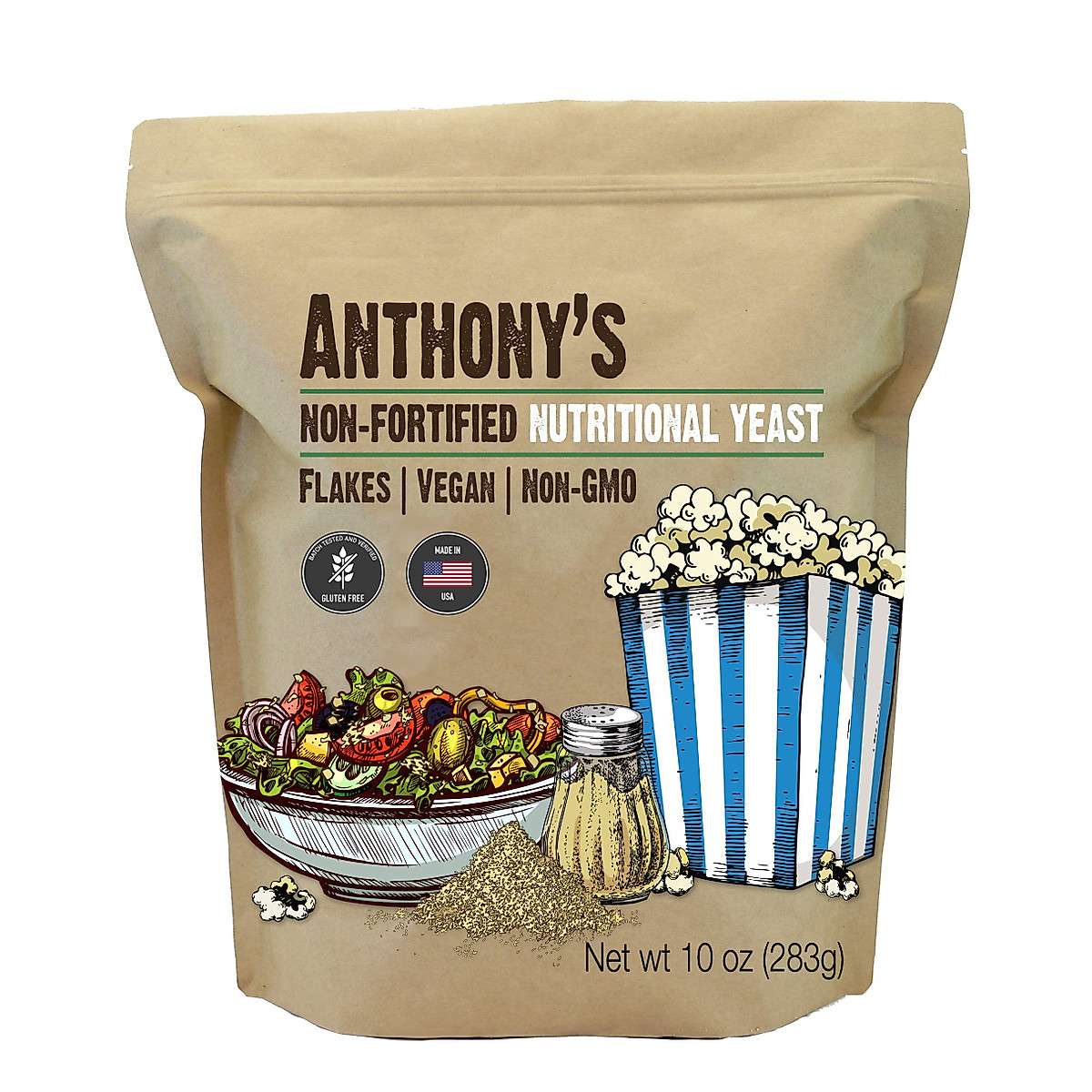Anthony's Premium Nutritional Yeast Flakes, 10 oz, Non Fortified, Batch Tested Gluten Free, Non GMO