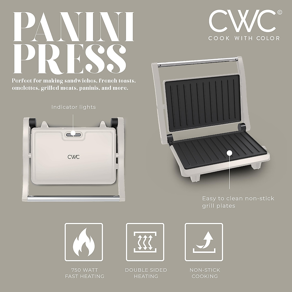COOK WITH COLOR Panini Maker: Effortless Grilling at Your Fingertips - 2-Slice Press Grill, 760W Power, Non-Stick Plates, Cool Touch Handle, Compact Design, Fast Cooking - Ideal for Delicious Paninis!