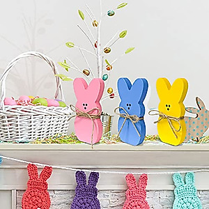 3Pcs LEBERY Easter Bunny Wooden Table Centerpieces Sign Wood Bunny Peeps Rabbit Shape Tiered Tray Decor Rustic Farmhouse Decor Easter Bunny Decor for Spring Home Office Dining Room Mantel Tabletop