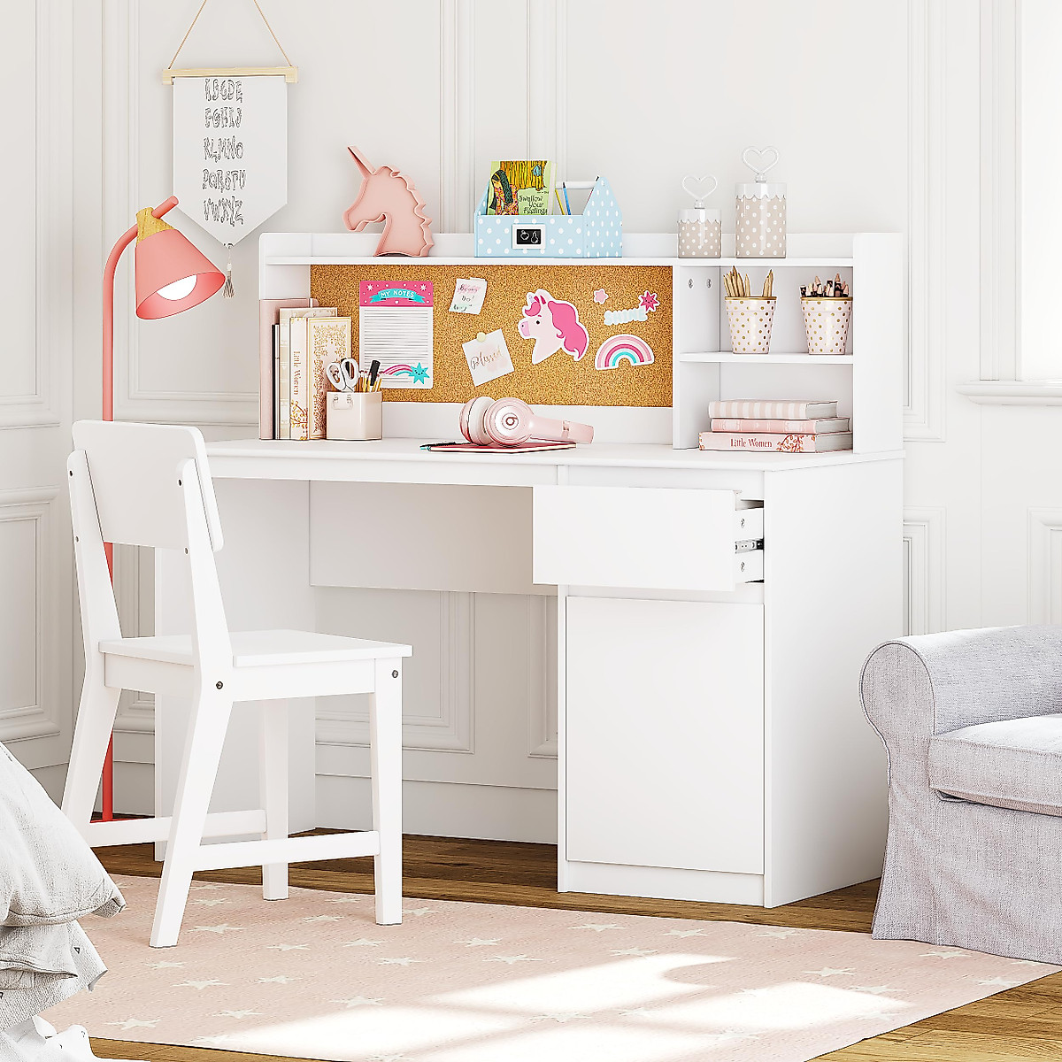 UTEX Kids Study Desk with Chair, Kids Desk and Chair Sets with Hutch and Storage Cabinet, Wooden Children Study Table, Student Writing Desk Computer Workstation for 5-12 Years Old