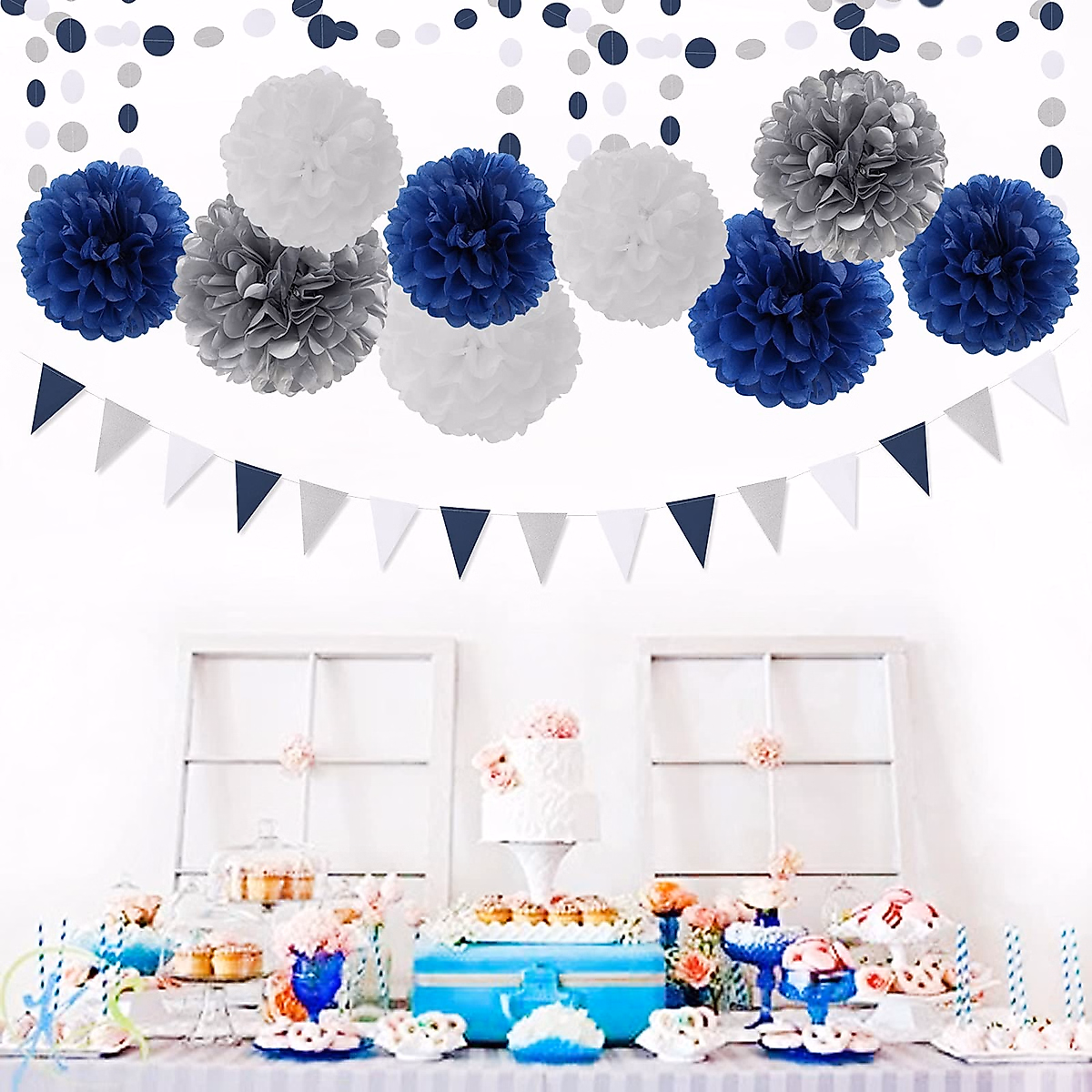 Tissue Paper Pom-Poms Party Decorations - 15pcs 5 Size Navy Blue White Silver Paper Flowers,Graduation Wedding Baby Bridal Shower Room Hanging Decorations Boy Birthday Party Backdrop Decor Panduola