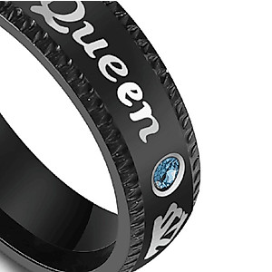 6mm Black Stainless Steel His Queen Womens Wedding Band Promise Engagement Proposal Ring with Blue Cubic Zirconia (Her Size 9)