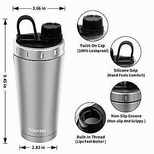 TOOFEEL Protein Shaker Bottle 20 oz - Double Walled Insulated Vacuum Shaker Cups for Protein Shakes, Keeps Cold/Hot, Metal Stainless Steel Shaker Bottle, Preworkout Gym Shaker Bottle