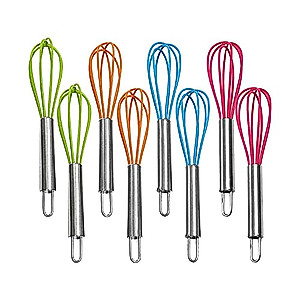 Wtcynla 8 Pack 6" Multi-Color Mini Silicone Kitchen Whisks with Stainless Steel Handles Egg Beater Milk Beater Balloon Whisk for Blending Stirring Whisking and Beating(4 Colors)