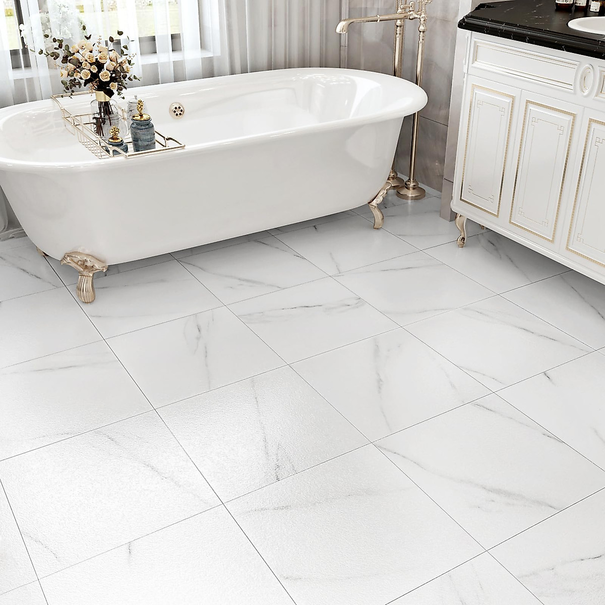WESTICK Marble Vinyl Tiles Peel and Stick Floor Bathroom Floor Tile Peel and Stick Waterproof Non-Slip Stick on Tiles Marble Vinyl Flooring for Bedroom Kitchen RV Camper Laundry Room 12" x 12" 5 PCS