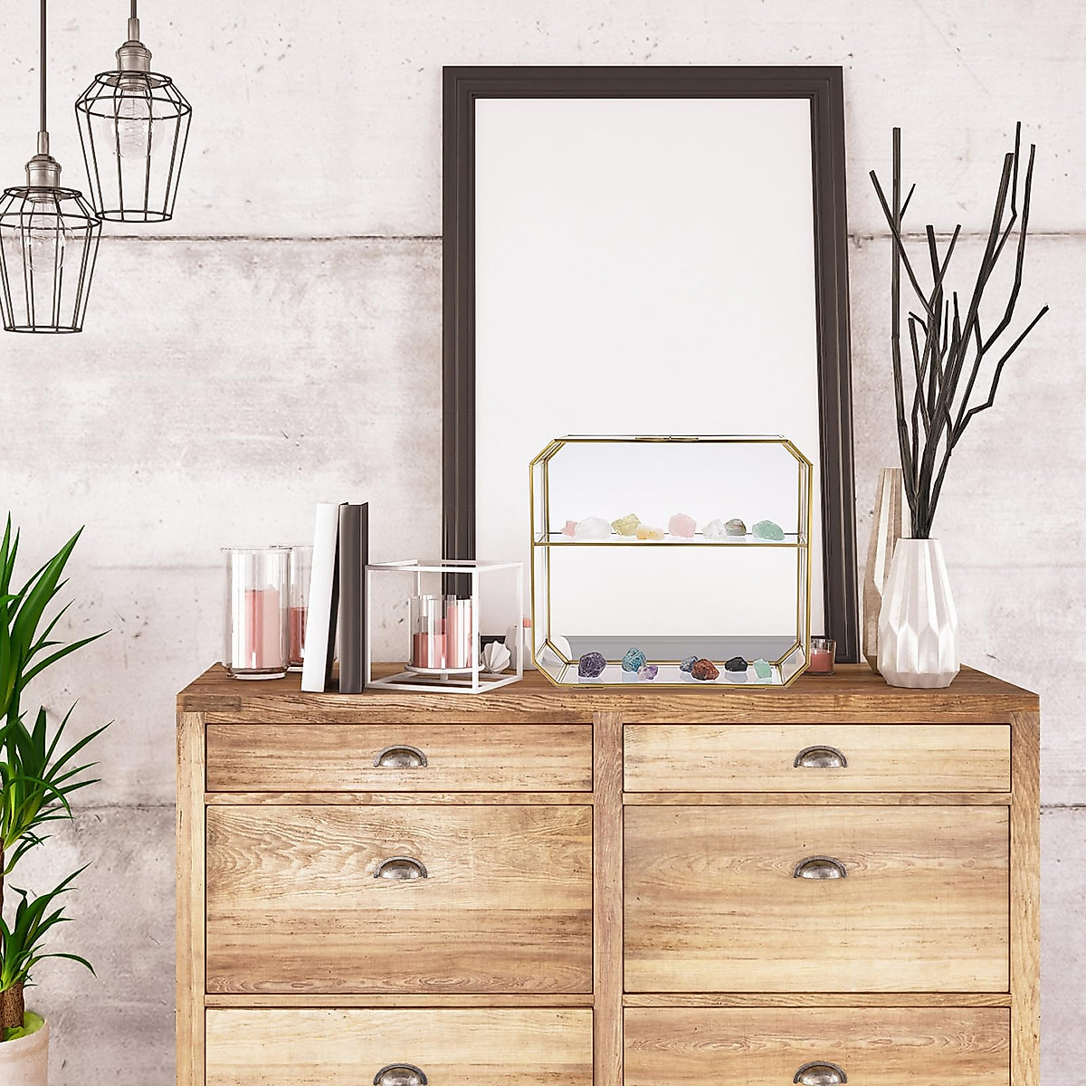 ELLDOO 2 Tier Clear Glass Storage Box, Gold Jewelry Makeup Display Organizer Case, Decorative Tower Box Storage for Trinket Perfume Lipstick Figure Statue Toy Display