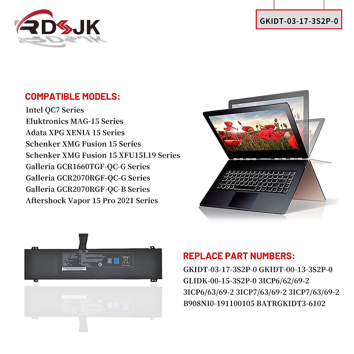 GKIDT-03-17-3S2P-0 GKIDT-00-13-3S2P-0 Laptop Battery for Intel QC7 Adata XPG Xenia 15 Schenker XMG Fusion 15 XFU15L19 Eluktronics MAG-15 Aftershock Vapor 15 Pro 2021 GLIDK-00-15-3S2P-0 11.4V 93.48Wh