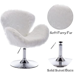 White Makeup Vanity Chair, Cute Furry Home Office Chair with Wheels Arms, Fluffy Swivel Accent Chair for Girls Bedroom Living Room,White Long Fur