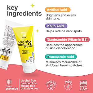 TOUCH Skin Bright Cream for Dark Spots on Face - Azelaic Acid with Kojic Acid, Tranexamic Acid, & Niacinamide – Age Spot, Sun Spot, and Melasma